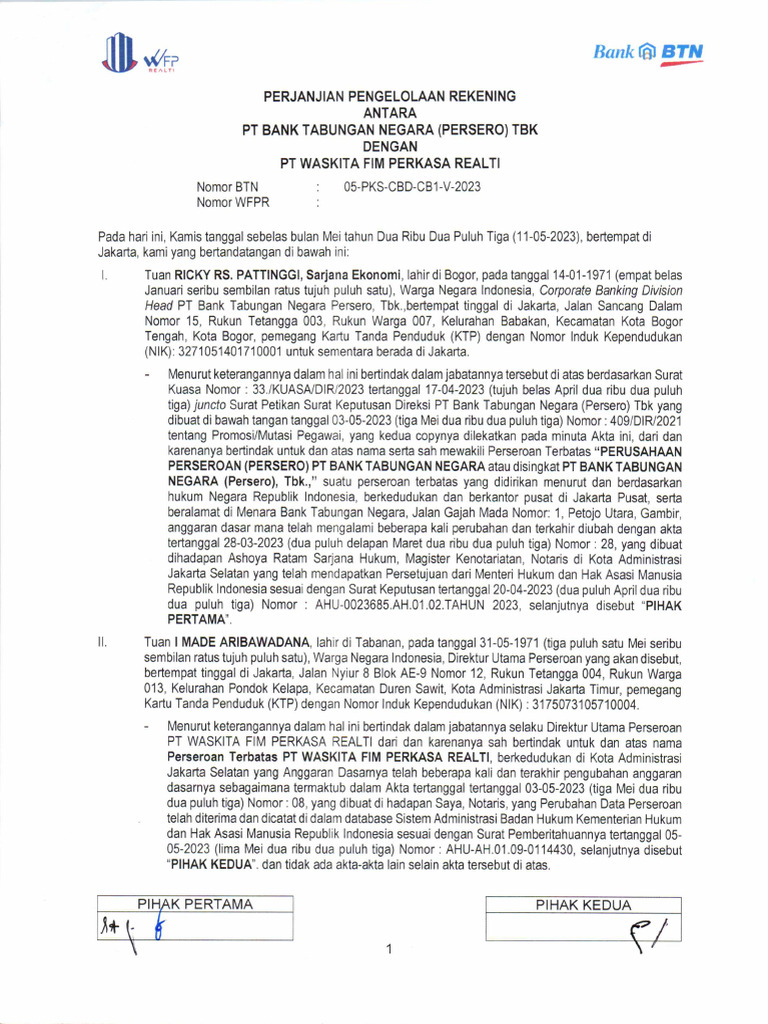 05-PKS-CBD-CB1-V-2023 PT Waskita Fim Perkasa Realti - BTN | PDF