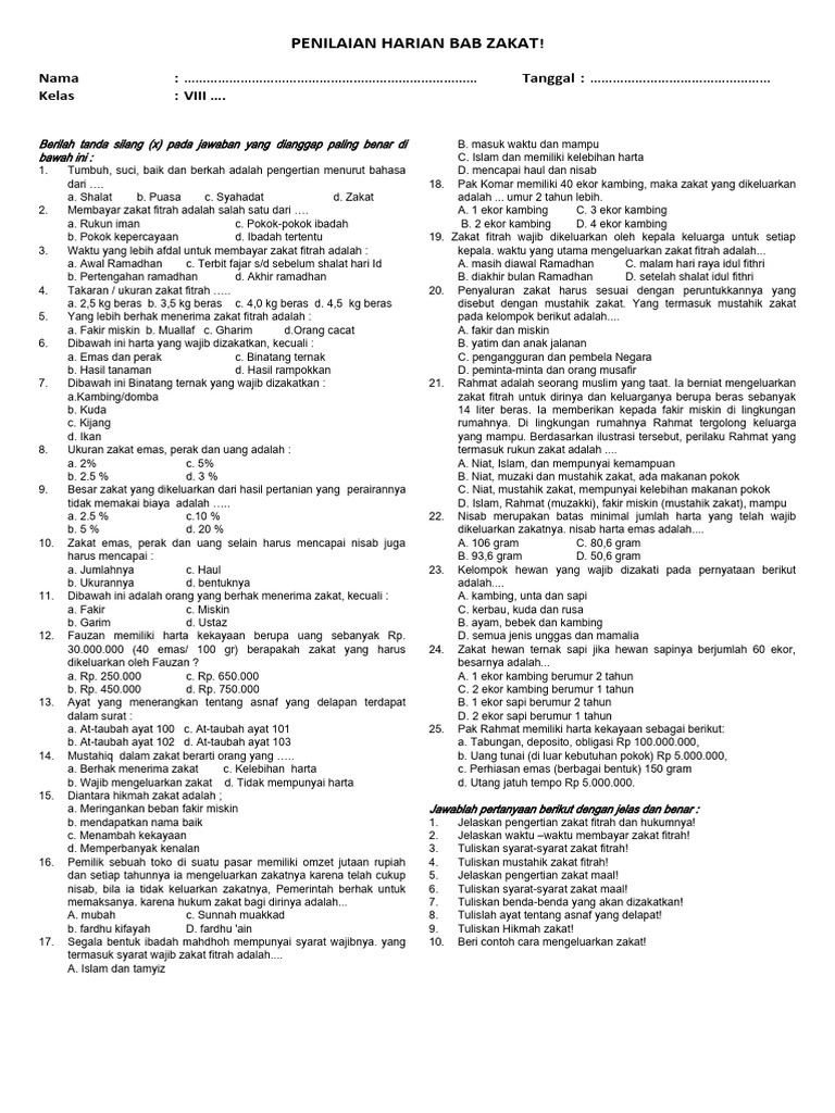 Penilaian Harian Zakat Kelas VIII | PDF