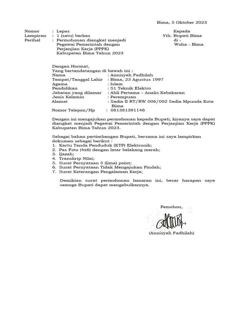 Surat Permohonan PPPK - Dea | PDF