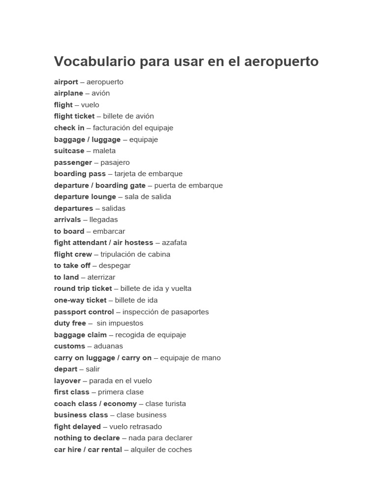 Vocabulario para Usar en El Aeropuerto | Descargar gratis PDF ...