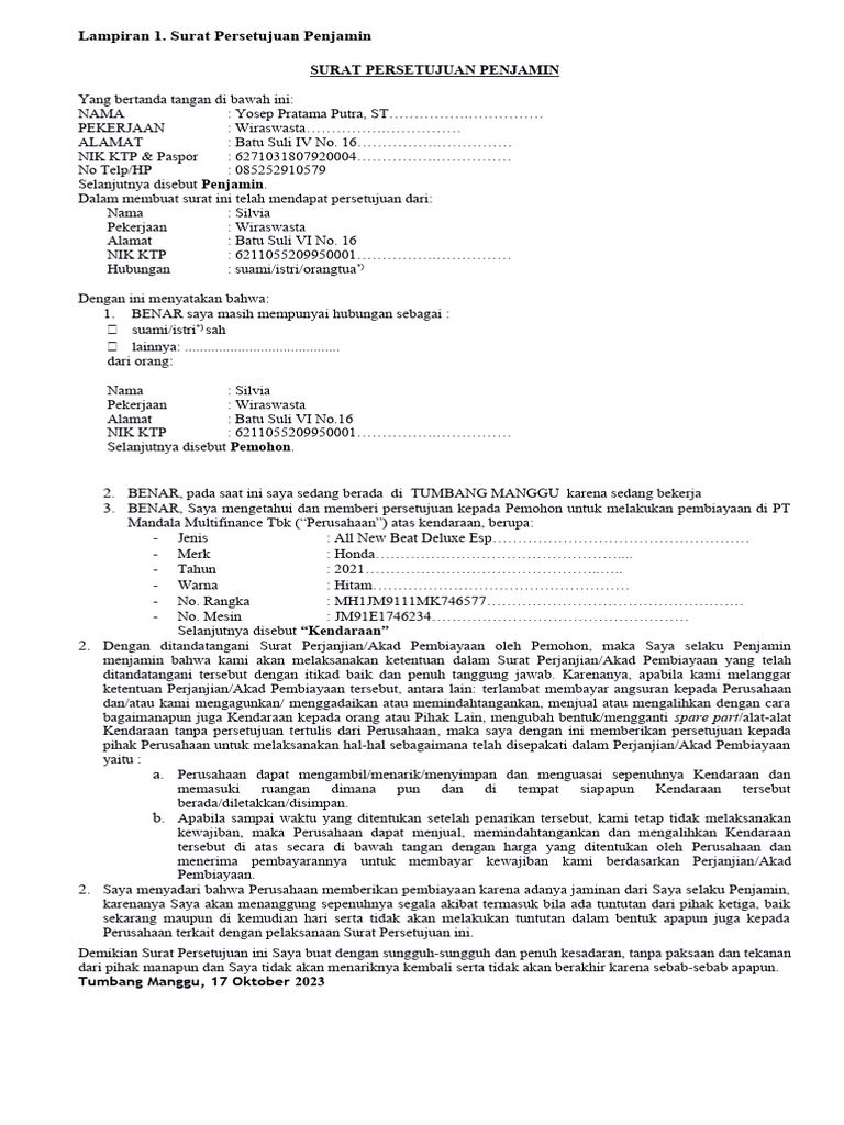Format Surat Pernyataan & Persetujuan Penjamin | PDF
