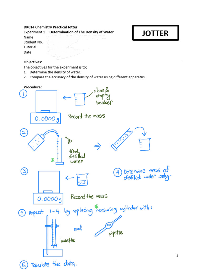 Practical Jotter Exp 1 Determination of The Density of Water DK014 | PDF