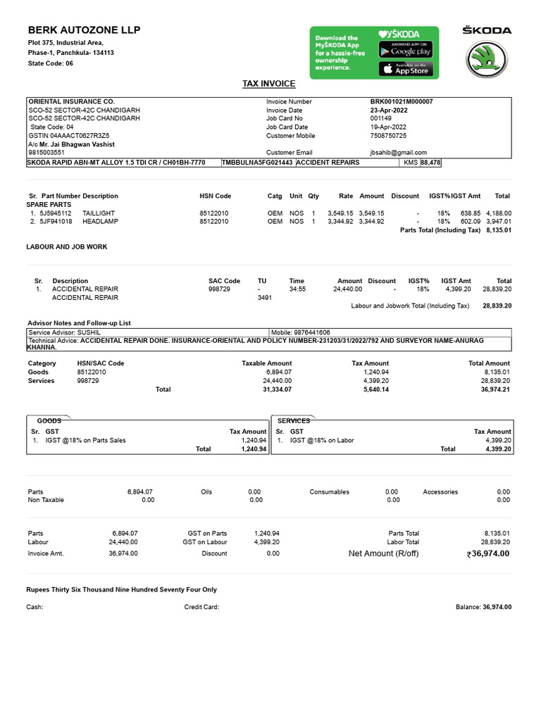 Parts and Labor Invoice | PDF