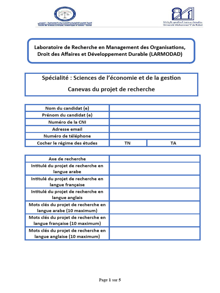 Canevas de Projet de Recherche LARMODAD | PDF