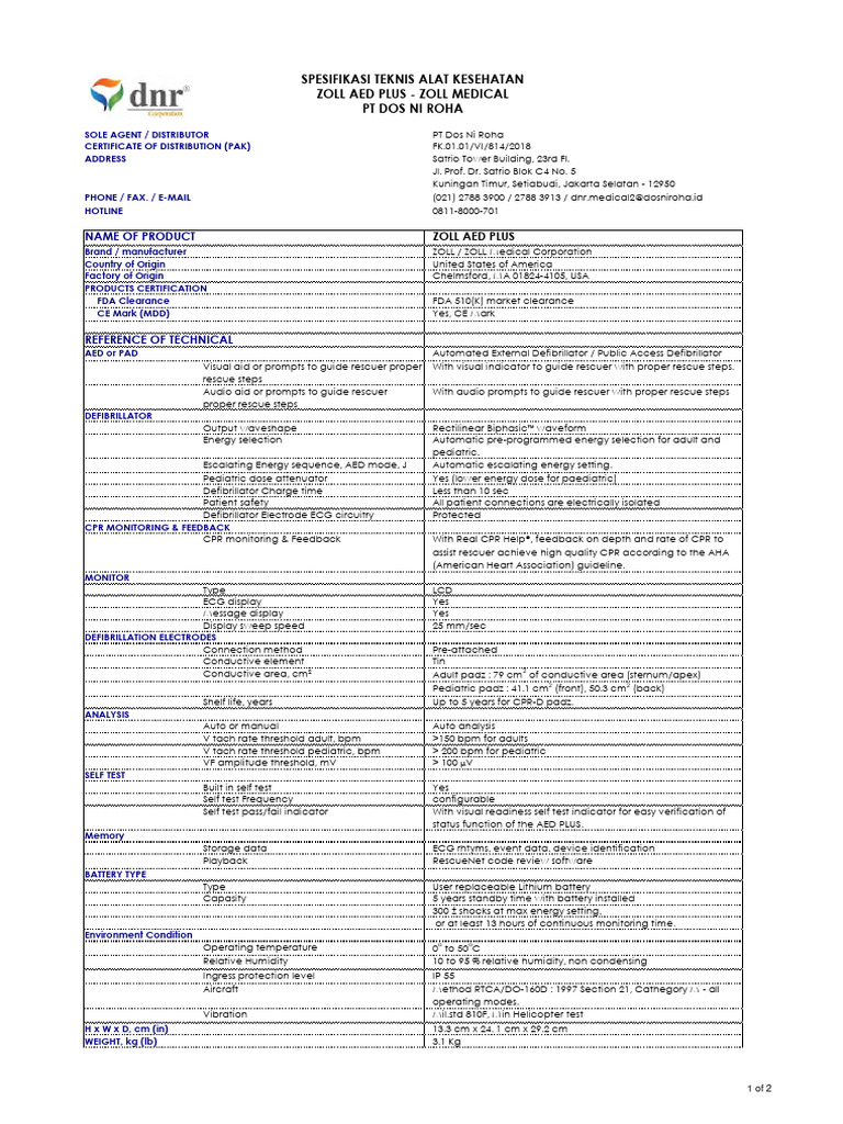 ZOLL AED PLUS Specification | PDF