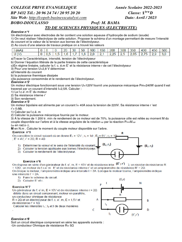 TD DE PHYSIQUE (ELECTRICITE) Premièred | PDF