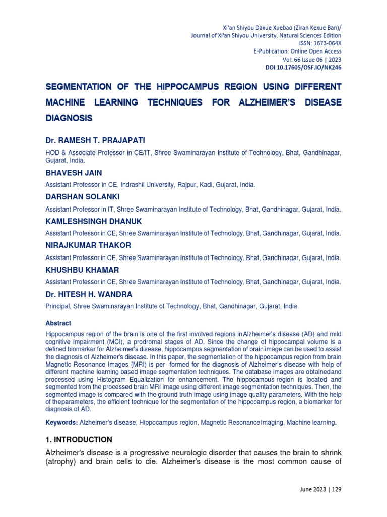 Segmentation of The Hippocampus Region Using Different Machine Learning Techniques For Alzheimer ...