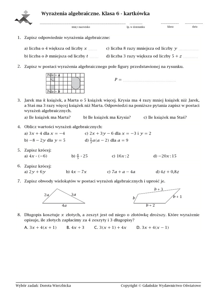 Wyrażenia algebraiczne. Klasa 6 - kartkówka | PDF