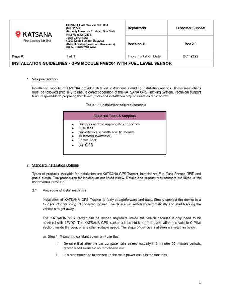 Installation Guidelines - Gps Module Fmb204 With Fuel Level Sensor | PDF