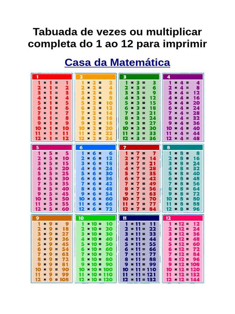 Tabuada de Vezes Ou Multiplicar Completa Do 1 Ao 12 para Imprimir | PDF