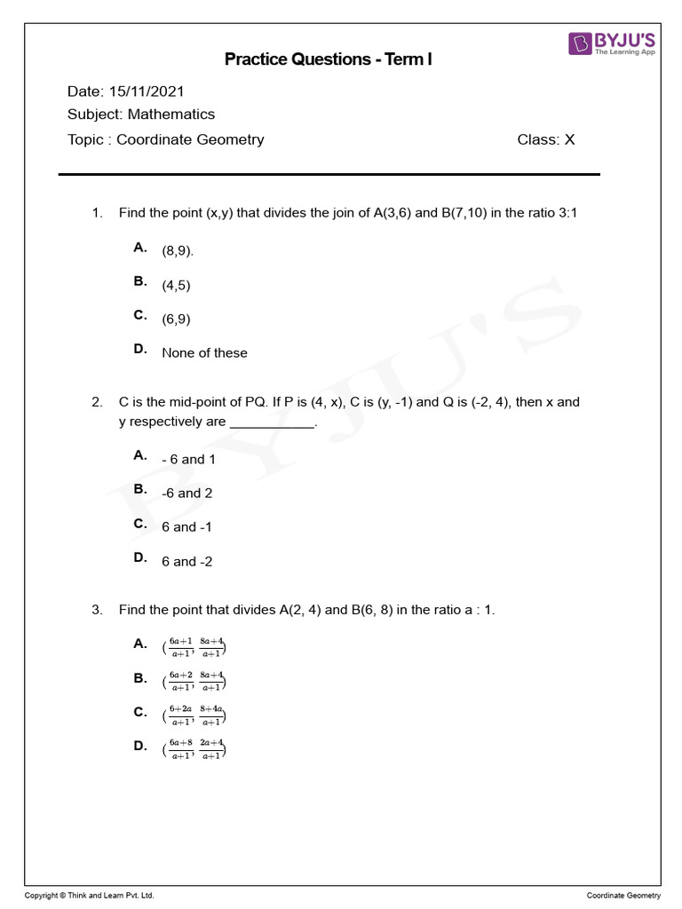 CBSE Class 10 Coordinate Geometry MCQ Practice Questions | PDF CBSE Class 10 Coordinate Geometry MCQ Practice Questions | PDF