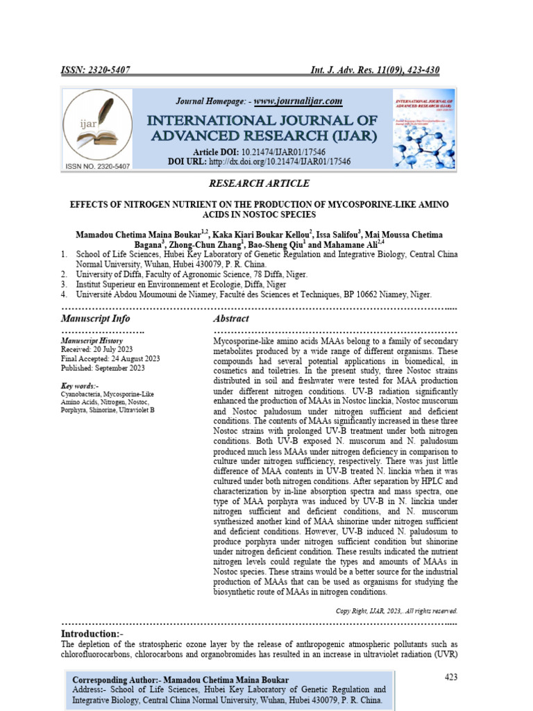EFFECTS OF NITROGEN NUTRIENT ON THE PRODUCTION OF MYCOSPORINE-LIKE AMINO ACIDS IN NOSTOC SPECIES ...