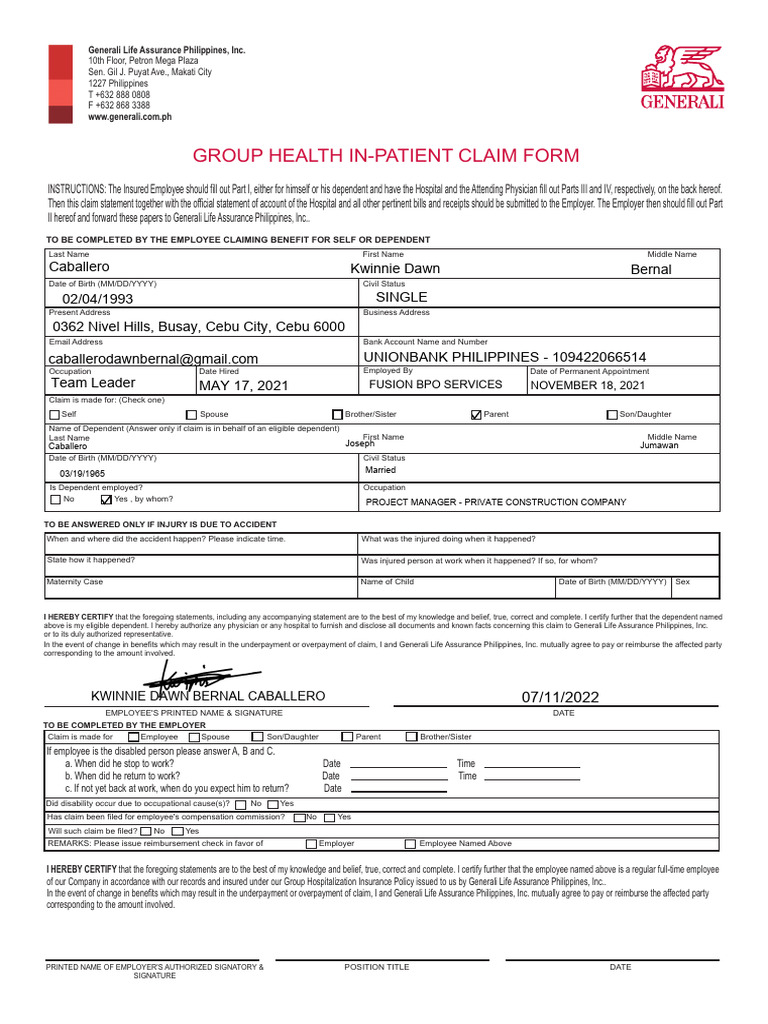 Generali Life Insurance Claim Form | PDF | Hospital | Employment