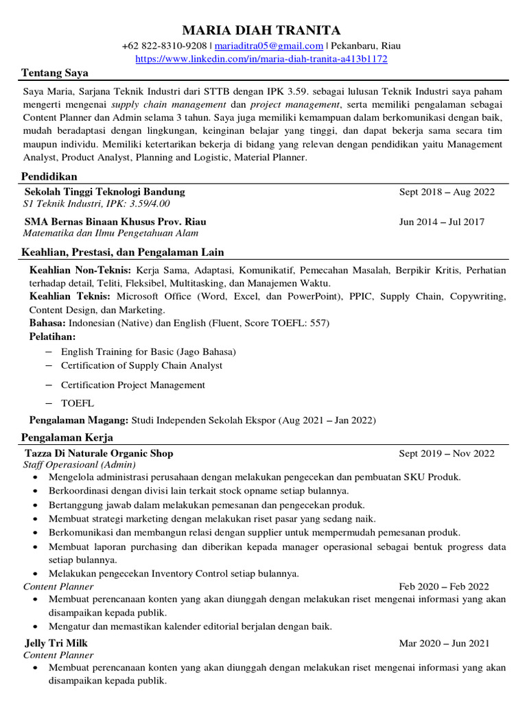CV Maria Diah Tranita - Teknik Industri | PDF