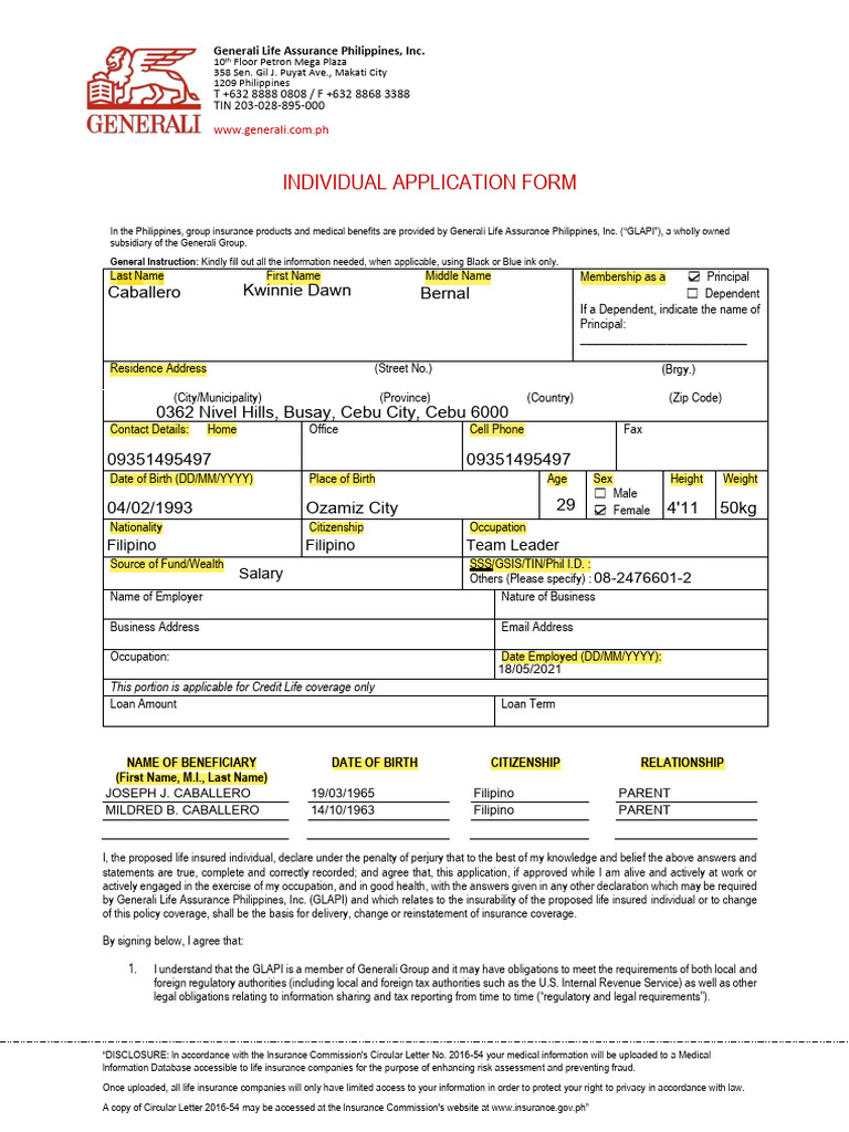 Application For Individual Insurance Form | PDF