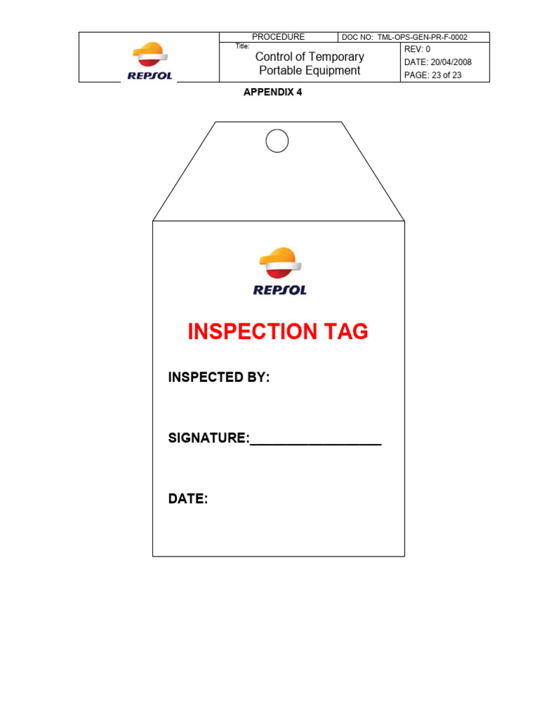 CHECKLIST REPSOL-Control Temporary Equipments (Inspection Tag) | PDF