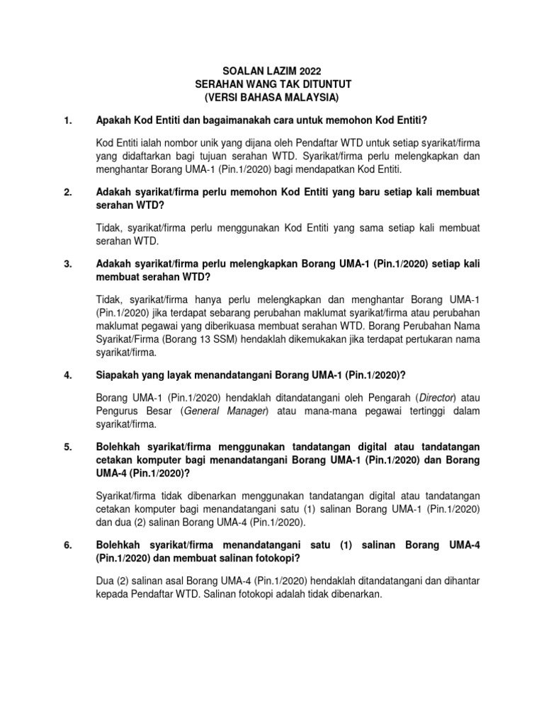 Soalan Lazim Berkenaan Serahan WTD | PDF | Bisnis | Hukum