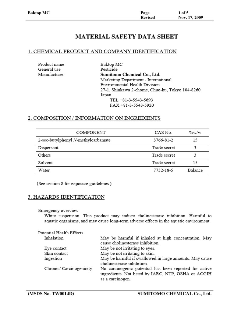 Baktop MC MSDS | PDF | Water | Toxicity