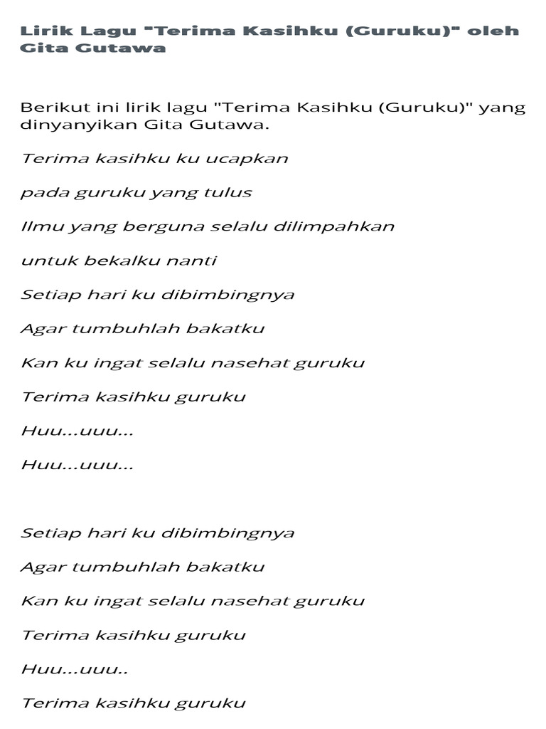 Lirik Lagu 'Terima Kasihku (Guruku) ' Yang Dinyanyikan Gita Gutawa PDF | PDF | Agama & Spiritualitas