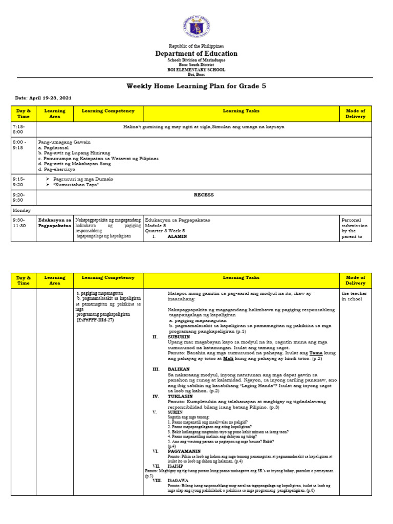 WHLP Week 5 Grade 5 | PDF