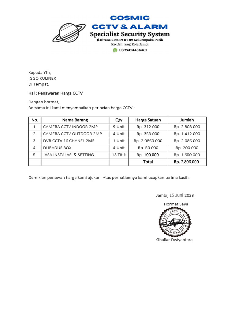 Penawaran Harga CCTV untuk IGGO KULINER | PDF