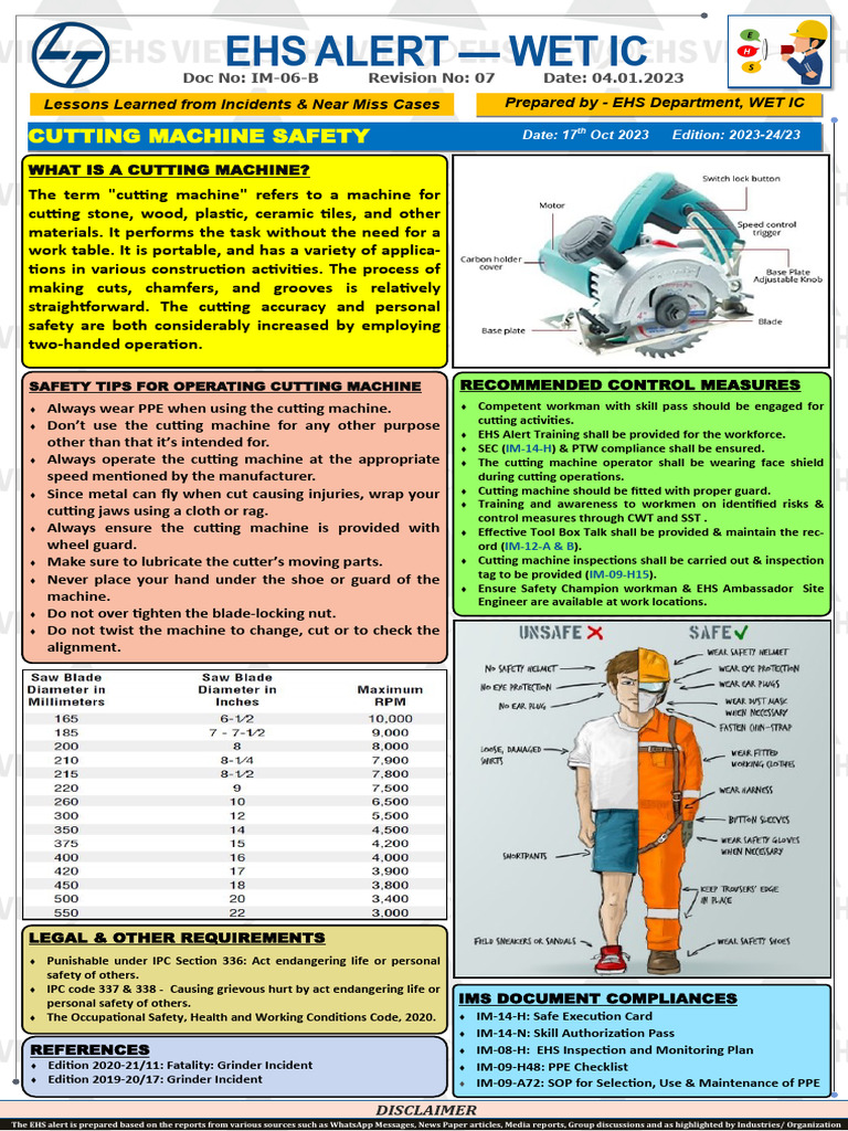 WET IC EHS Alert 23 (FY 24) - Cutting Machine Safety | PDF
