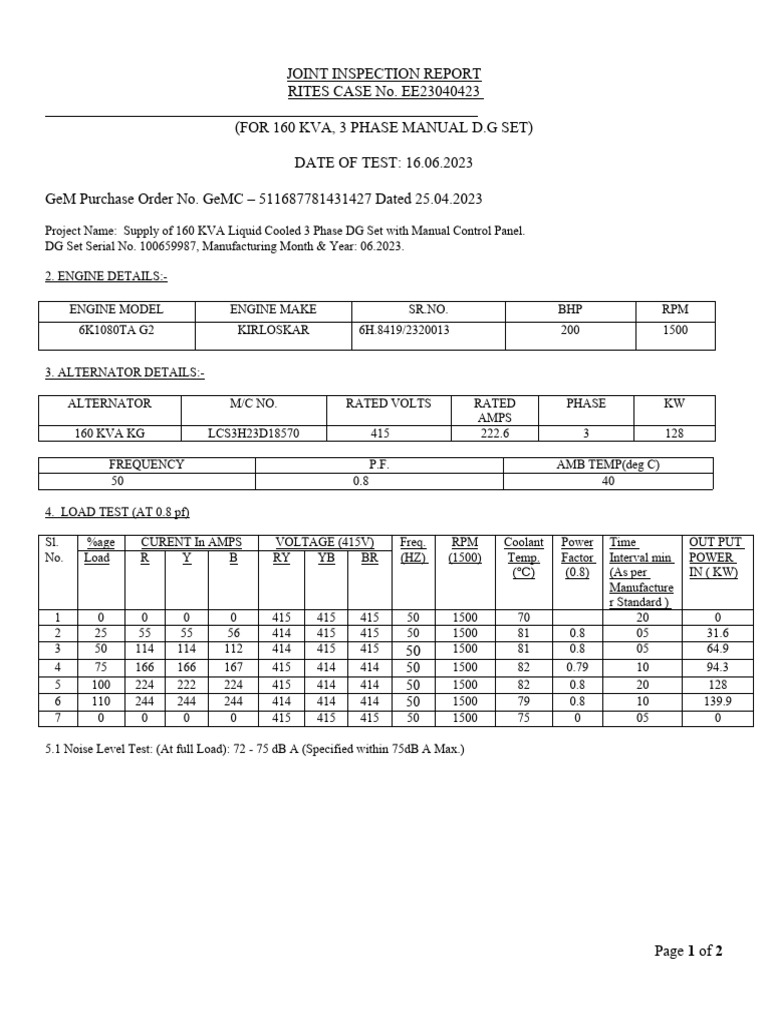 160 Kva Factory Joint Test Report Internal | PDF | Electromagnetism ...