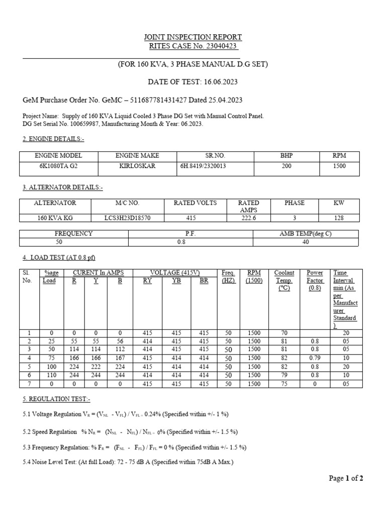 160 Kva Factory Joint Test Report | PDF