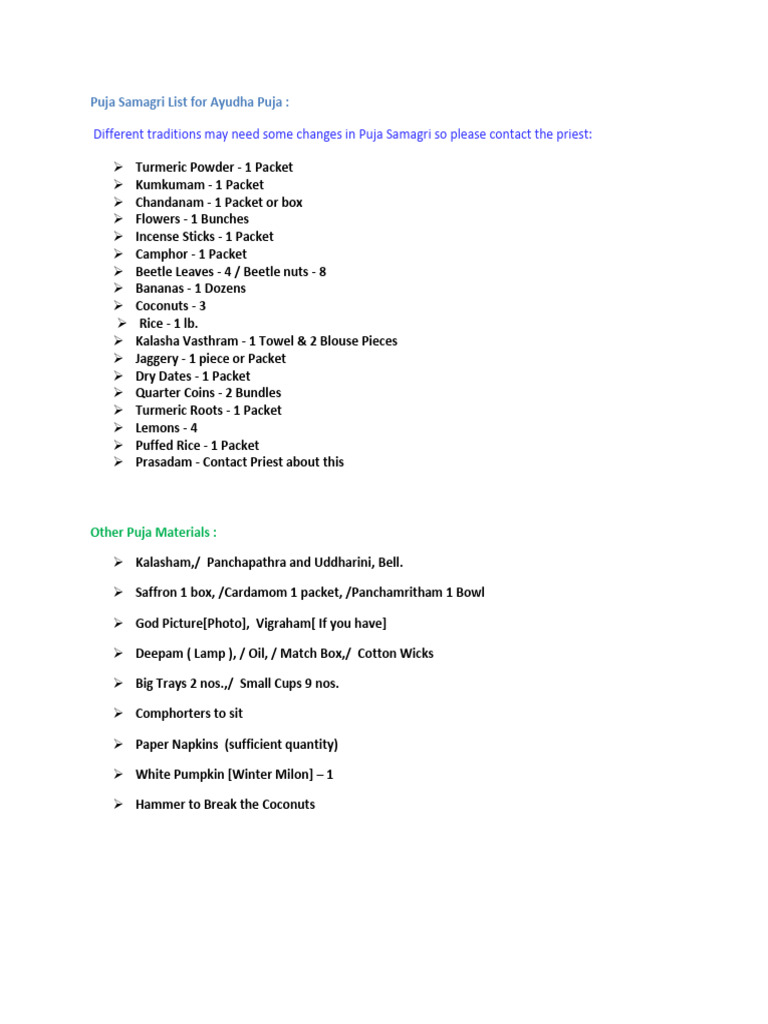 Ayudha Puja Samagri and Expenses List | PDF | Cooking, Food & Wine ...