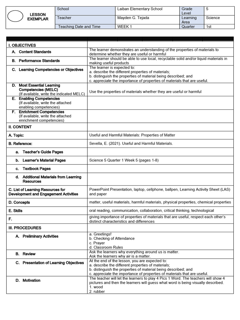 Science 5 Q1 Week 1 Lesson Exemplar | PDF