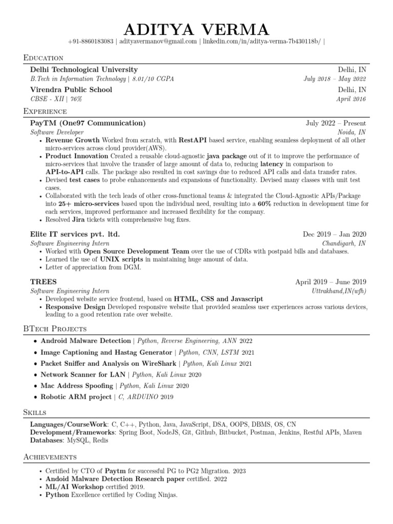 Aditya Verma Resume | PDF | Python (Programming Language) | Databases Aditya Verma Resume | PDF | Python (Programming Language) | Databases
