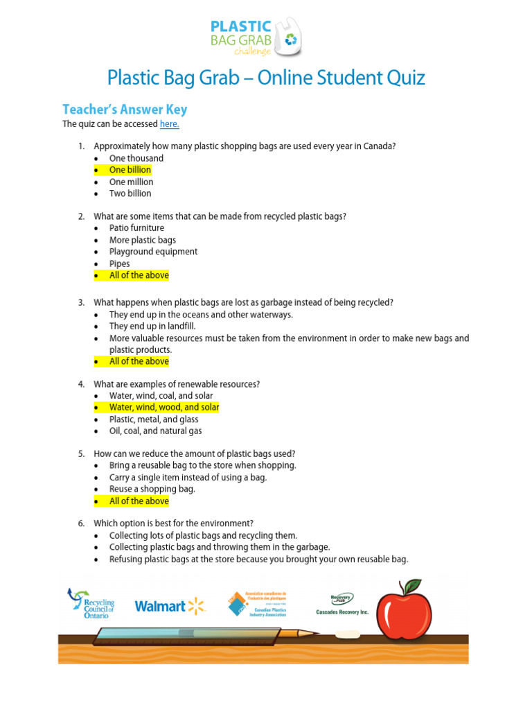 Plastic Bag Grab Quiz - Teacher Answer Key | PDF