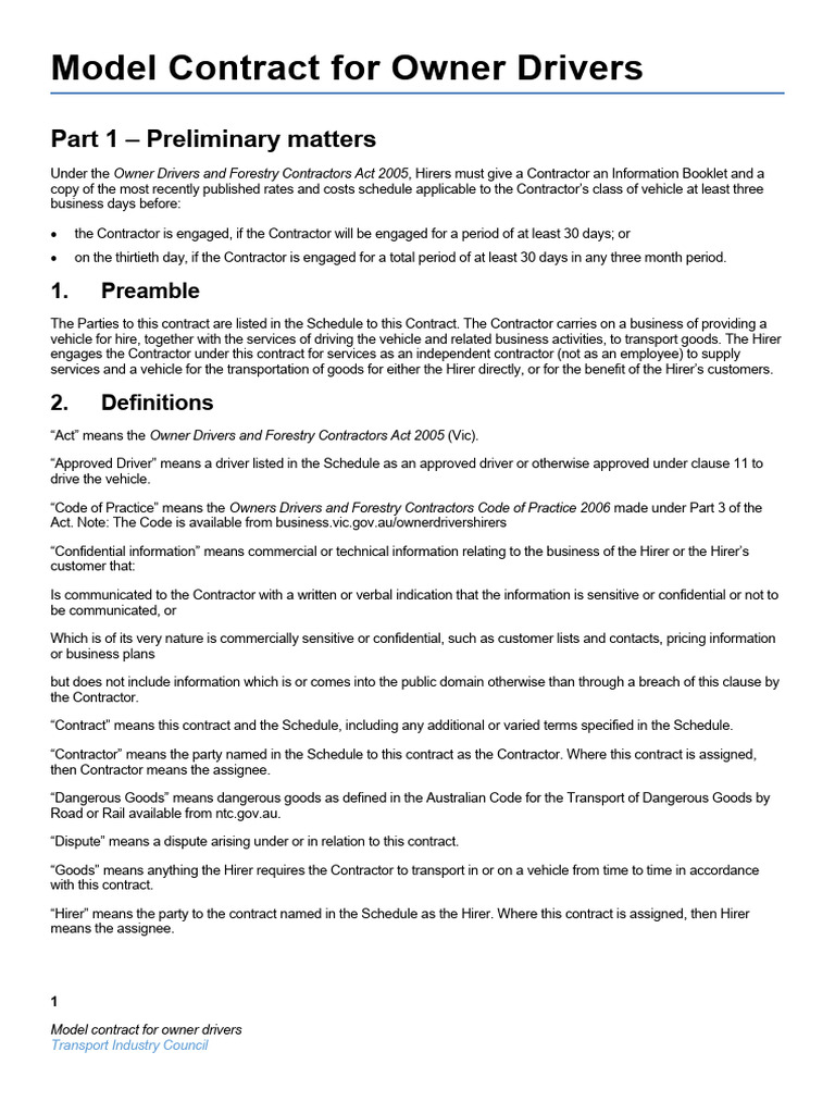 Model Contract Owner Drivers | PDF