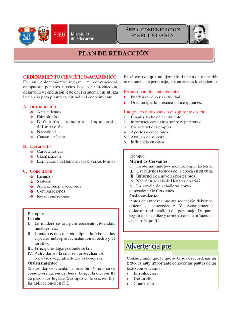 Ejercicios de Plan de Redacción para Tercer Grado de Secundaria | Descargar gratis PDF | Perú
