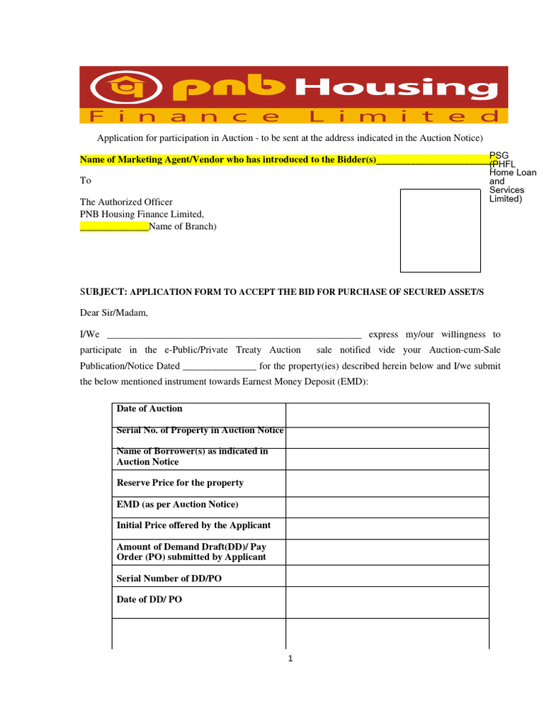 PNBHFL Auction Bid Form | Download Free PDF | Auction | Mortgage Loan