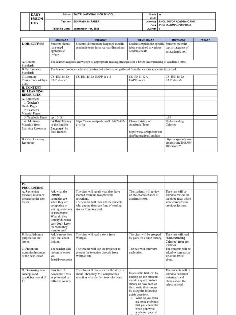 EAPP Quarter 1 Week 3 DLL BMPaner | PDF | Learning | Thesis