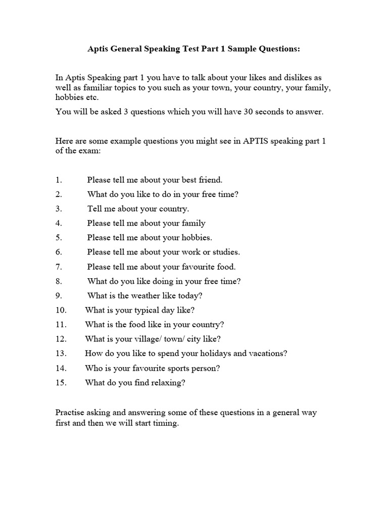 Aptis Speaking Part 1 Sample Questions | PDF | Language Arts & Discipline
