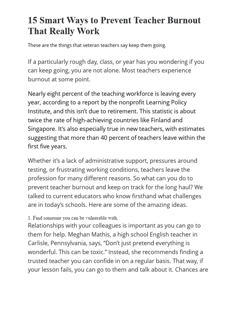 15 Smart Ways To Prevent Teacher Burnout That Really Work | PDF