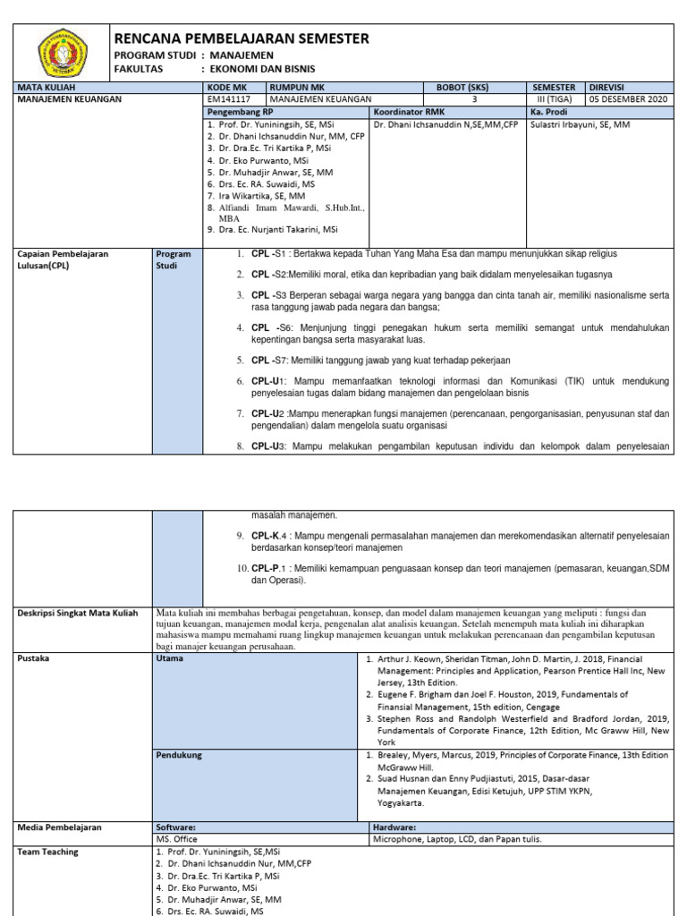 Rencana Pembelajaran Semester: Program Studi: Manajemen Fakultas ...