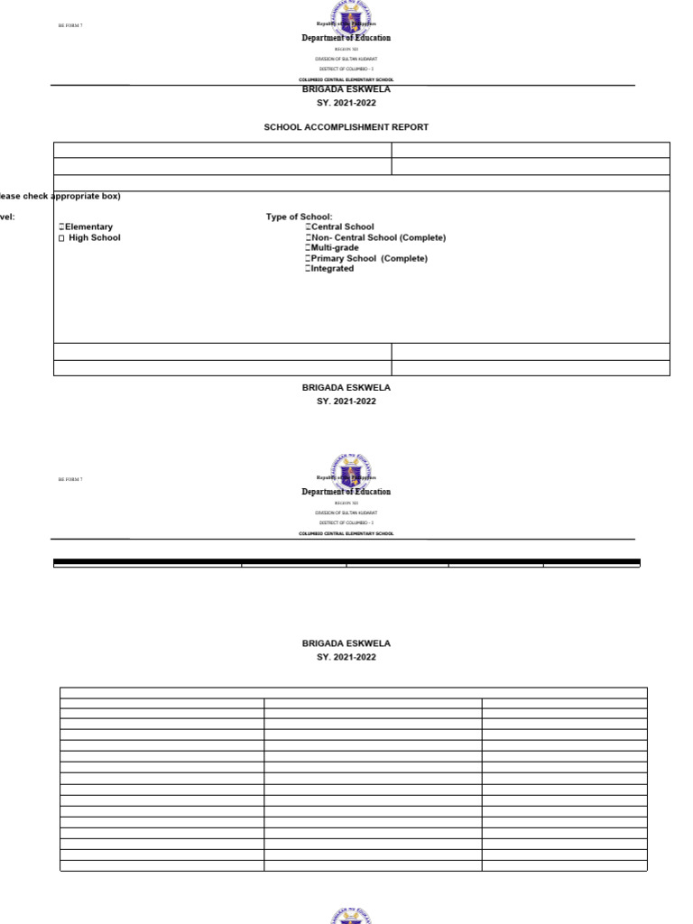 Brigada Eskwela Form 7 School Accomplishment Report | PDF | Government ...