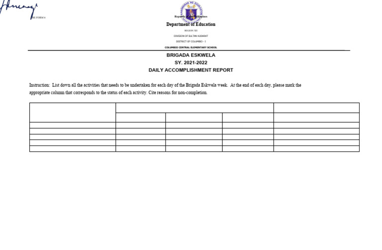 Brigada Eskwela Form 6 Daily Accomplishment Report | PDF