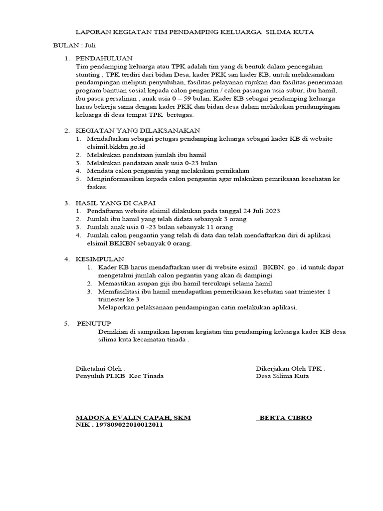 lAPORAN KEGIATAN TIM PENDAMPING KELUARGA | PDF
