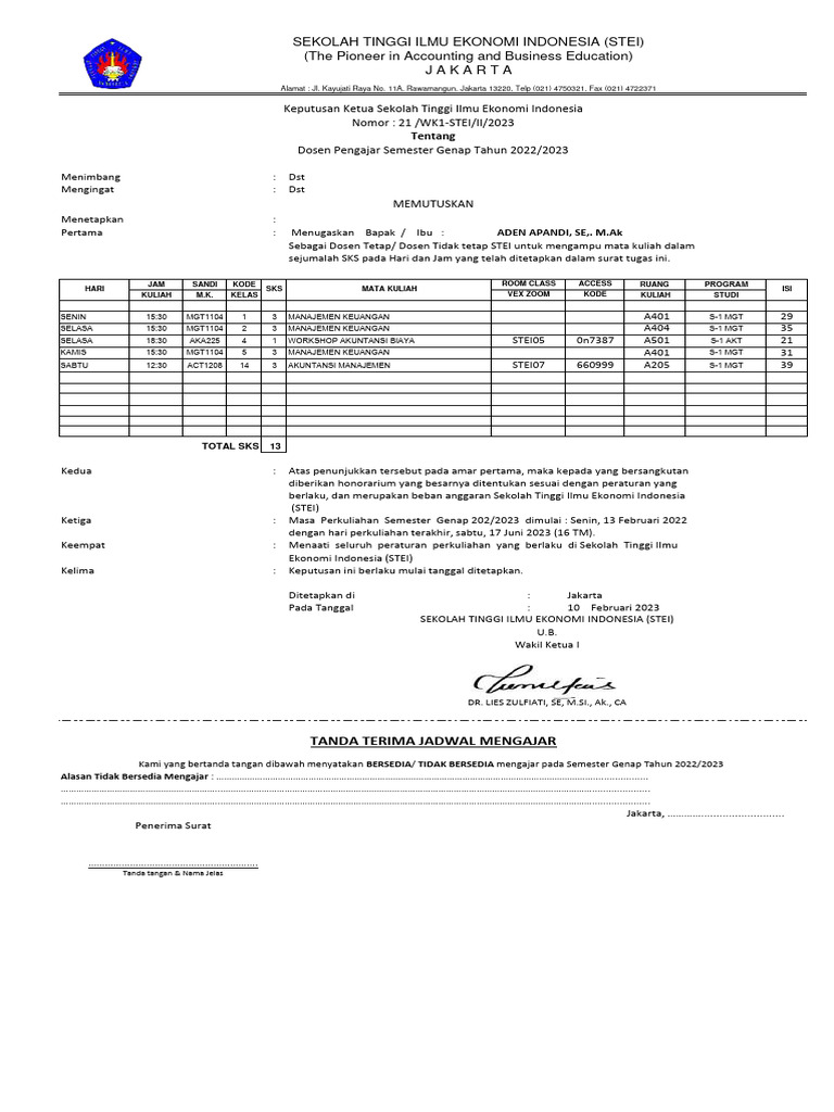 Jadwal Mengajar Dosen STEI 2023 | PDF