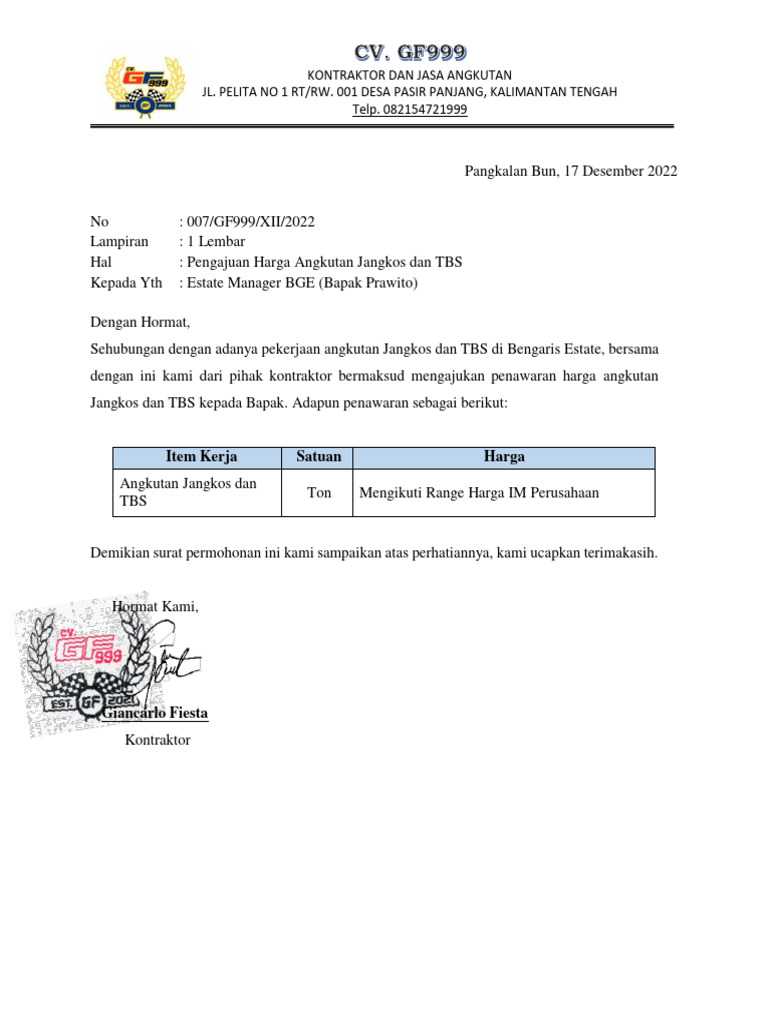 Surat Penawaran Angkutan Jangkos +TBS CV GF999 | PDF