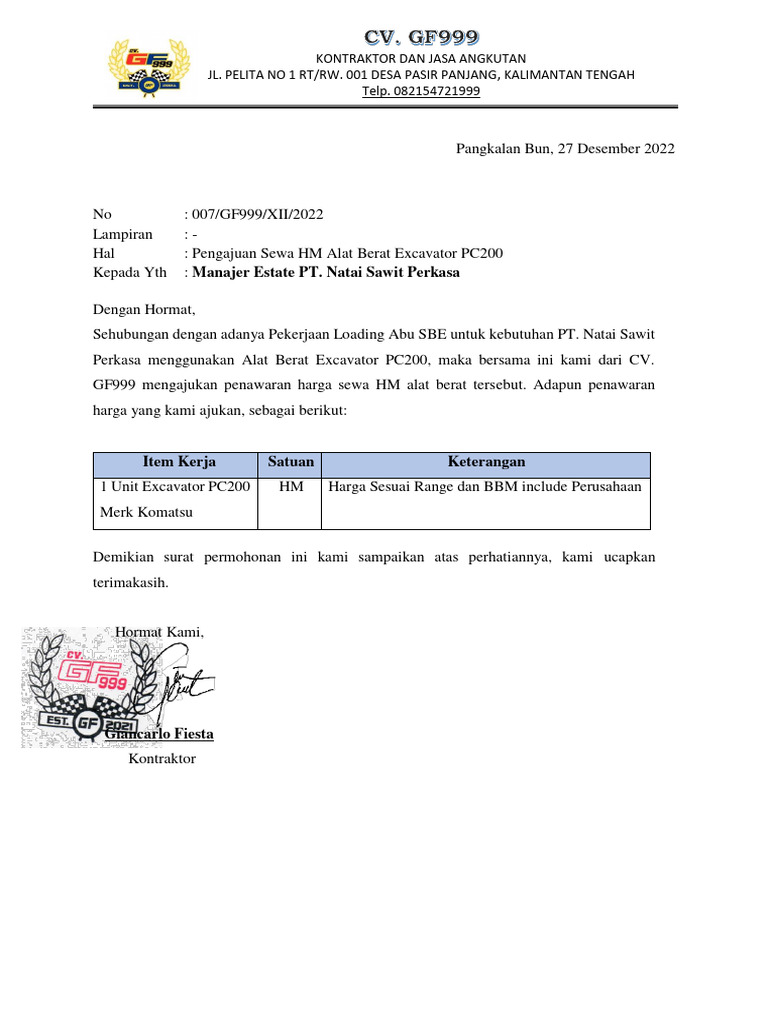 Surat Penawaran Sewa HM Exca PC200 Komatsu Loading Abu Boiler CV GF999 | PDF