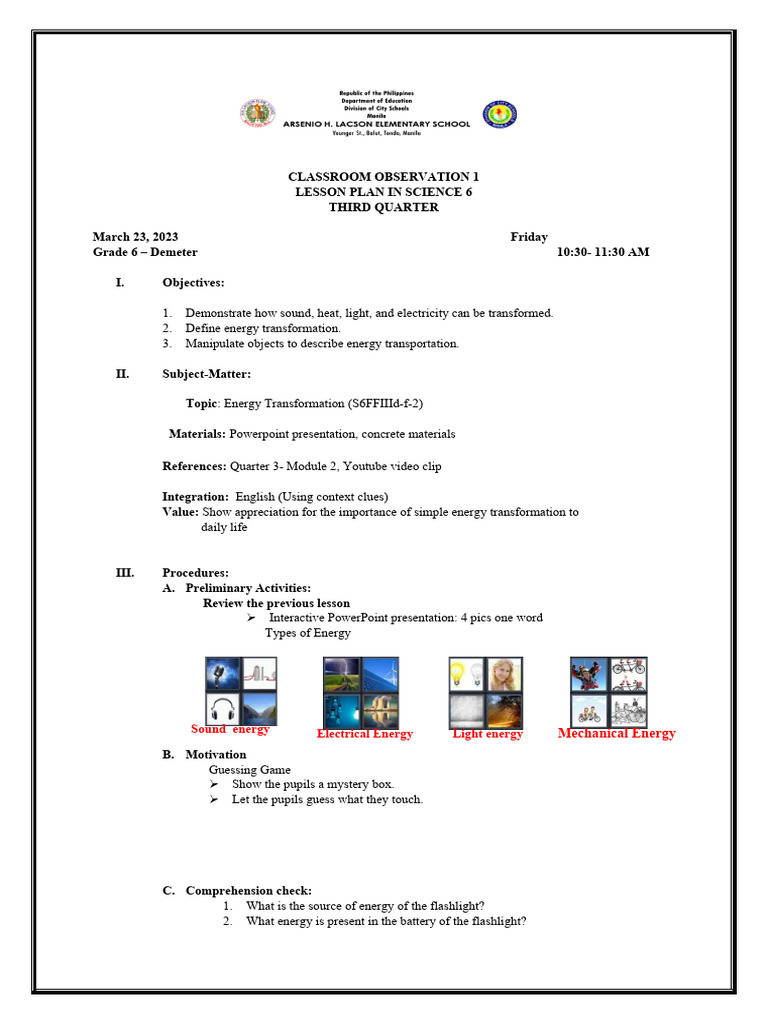 Revised Co1 DLP in Science 6 - Energy Transformation | PDF | Learning | Clock