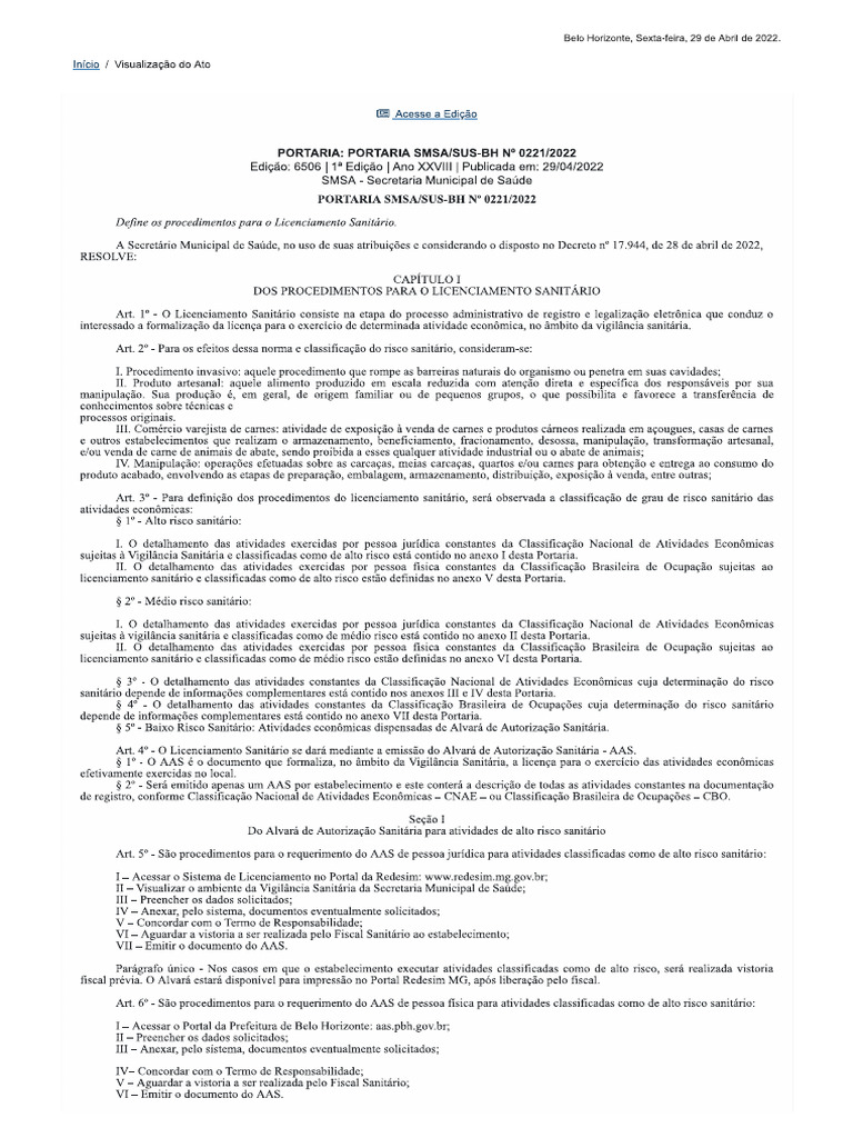 Portaria Smsa - Sus-Bh #0221.2022 | PDF