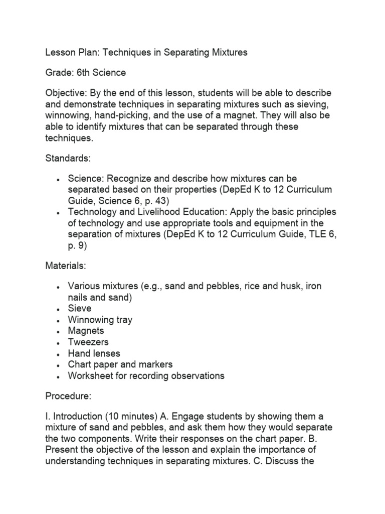 Lesson Plan in SEPARATING MIXTURE | PDF