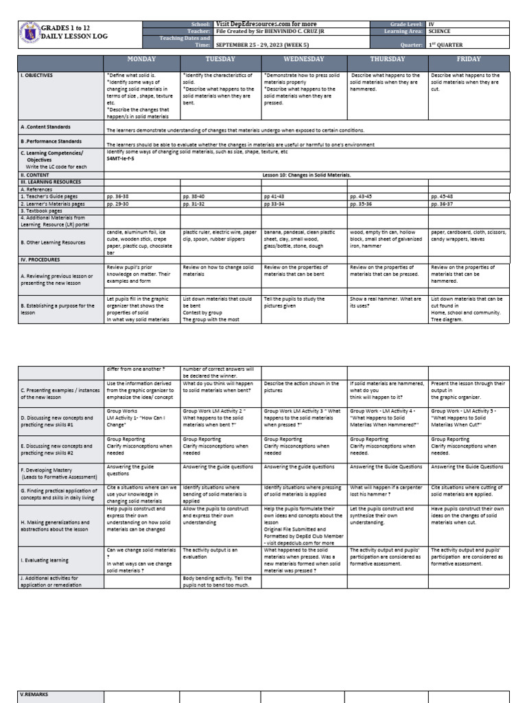 DLL - Science 4 - Q1 - W5 | PDF