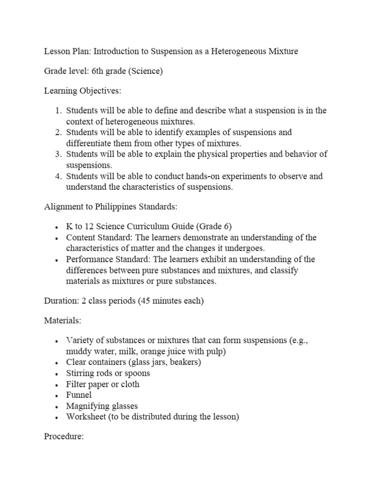 Lesson Plan in Suspension As Heterogeneous Mixture | PDF | Filtration ...